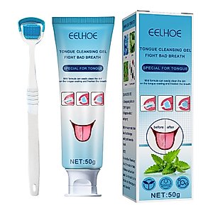 Tongue Cleaner + Medicated Tongue Gel Set - Cleaning with A Brush - Oral Care Removes Bad Breath Fresh Breath Tongue Coating Cleaning Bad Breath Treatments for Adults