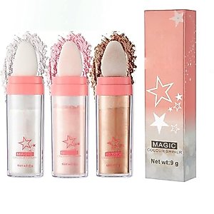 3 Color Glitter Powder Highlighter Makeup, Body Brightens the Natural Three-Dimensional Face Blusher Fairy Highlight Patting Powder.