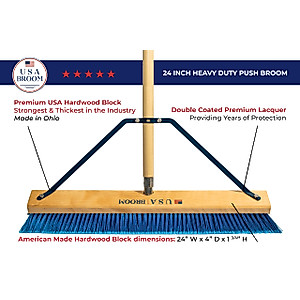 USA Broom 24" Heavy Duty Indoor/Outdoor Push Broom with 60" Handle. Ideal for Garages & Shops. Durable American Made Steel Brackets-All Stainless Steel Hardware. No Plastic. 100% Made in The USA.