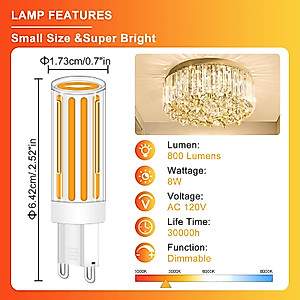 Megereet G9 LED Bulb Dimmable,75W 80W Halogen Equivalent, Warm White 2700K 8W 800LM T4 COB G9 Base LED Bulb Bi Pin Base Chandelier Lighting, No-Flicker 360°Beam Angle 120v Pack of 5
