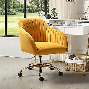 HULALA HOME Velvet Home Office Desk Chair, Modern Cute Computer Task Chair, Wheels Swivel Height Adjustable Upholstered Vanity Chair for Women, Girls (Gold Base, Mustard)