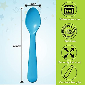 PLASKIDY Plastic Kids Spoons Set of 18 -Toddler Spoons BPA Free / Dishwasher Safe Reusable Children's Spoon Set - Brightly Colored Toddler Spoons Cutlery Flatware Set