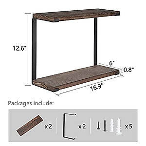 Mkono 2 Tier Wall Shelf Rustic Wall Mounted Floating Shelves Bathroom Wall Decor Wood Hanging Shelf with Metal Brackets Display Storage Shelving for Living Room Bedroom Office