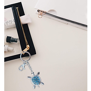 Aqua79 Blue Sea Turtle Keychain - Silver 3D Sparkling Charm Rhinestones Fashionable Stylish Metal Alloy Durable Key Ring Bling Crystal Jewelry Accessory with Clasp