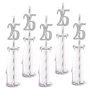 Silver Happy 25th Birthday Straw Decor, Silver Glitter 24pcs Cut-Out Number 25 Party Drinking Decorative Straws, Supplies