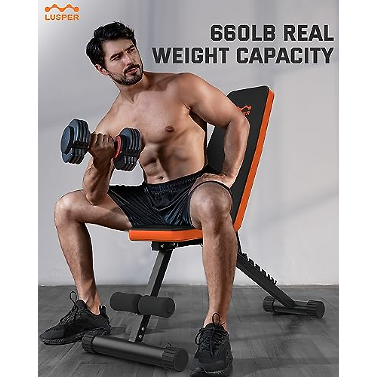 Lusper Weight Bench for Home Gym, Adjustable and Foldable Weight bench, Multi-purpose Workout Bench, Bench Press Sit up Incline Flat Decline all in 1, Stable Gym Bench for Full Body Exercise