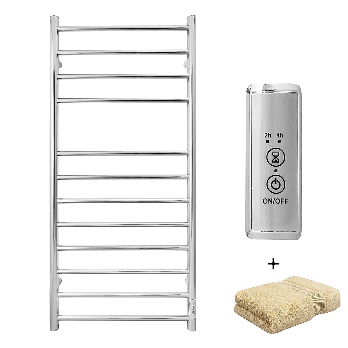 KEG Towel Warmer Wall Mounted with Built-in Timer 12 Bars Electric Stainless Steel Heated Towel Racks for Bathroom, Hot Plug-in Bath Towel Heater Polish Chrome