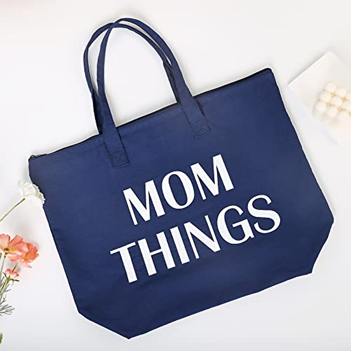 Ugiftcorner Baby Shower Gifts for Mom Tote Bag Mommy Bag for Hospital Mom Things Mom to Be Gifts Christmas Mothers Day Gifts for New Mom Canvas Shoulder Bag with Interior Pocket Cotton Navy Blue