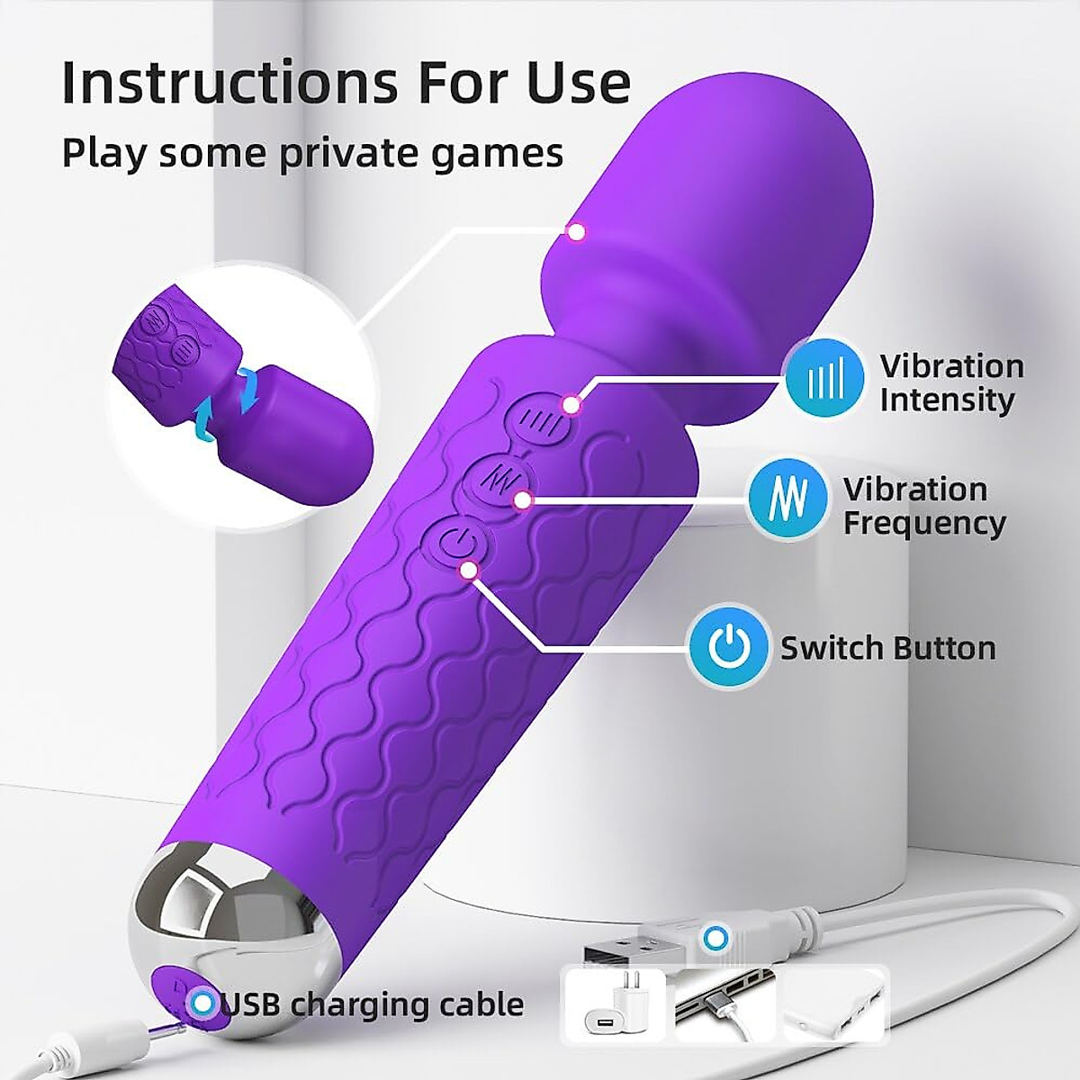Powerful Vibrator Wand, G Spot Cordless Rechargeable Vibrators with 20 Patterns & 8 Intensity, Quiet Clit Vibrator, Clitoris Stimulation, Dildo, Female Wand Massager for Her Pleasure Adult Toys (A)