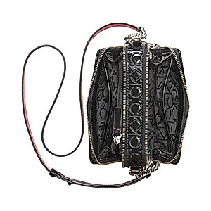 Calvin Klein Women's Marybelle Saffiano Double Zip Organizational Crossbody Bag, Black/Silver Patent Emboss, One Size