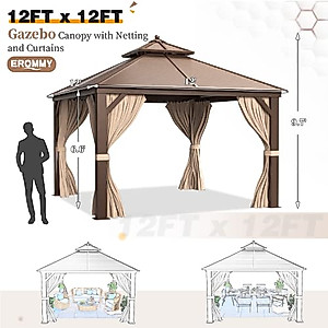 EROMMY 12'x12' Hardtop Gazebo, Outdoor Galvanized Steel Roof Canopy with Aluminum Frame, Permanent Metal Pavilion with Netting and Curtains, for Patio Backyard Deck and Lawns