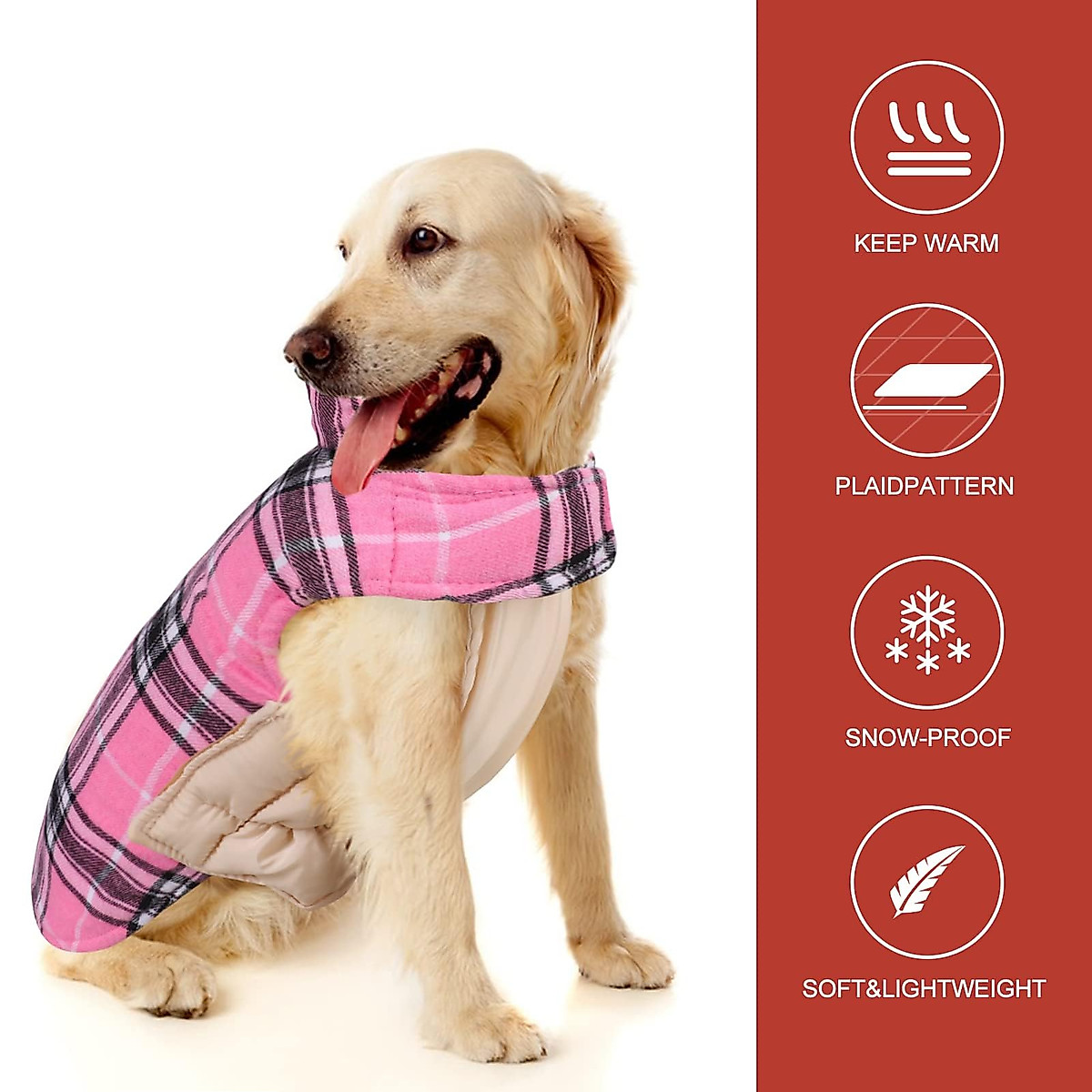 MIGOHI Dog Jackets for Winter, Reversible Dog Coat Windproof Waterproof Dog Winter Jackets for Cold Weather, British Style Plaid Dog Coats Warm Dog Vest for Small Medium Large Dogs, Pink S
