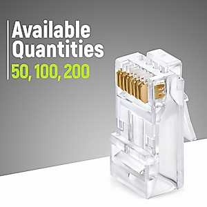 GTZ RJ45 Cat6/6a Pass Through Connectors for a Thick 23 AWG Large Diameter UTP Network Cable, 100 Pcs | Insert Guides Included