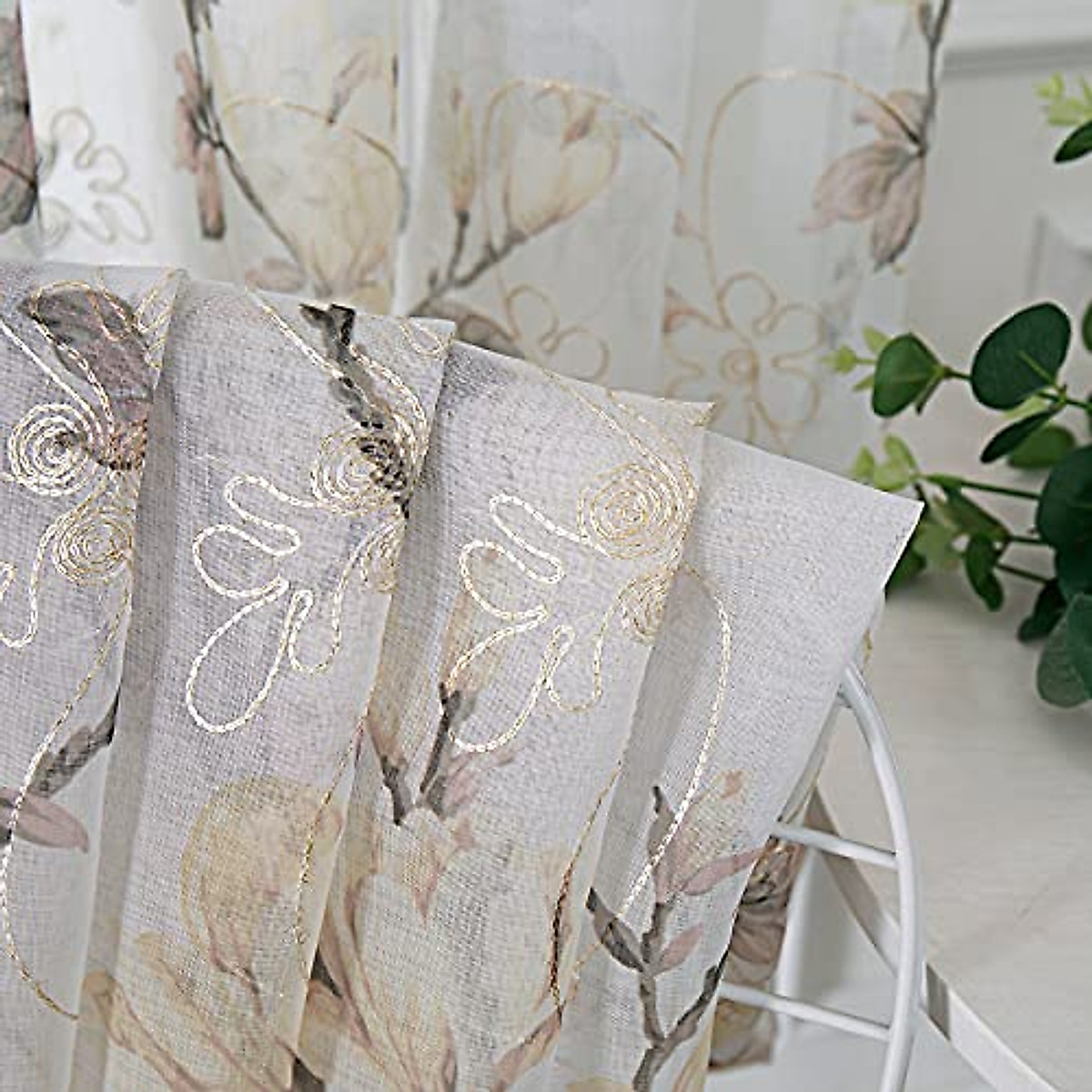 Tollpiz Floral White Sheer Valance Curtains Flower Print Vine Embroidery Bedroom Curtain Valances Rod Pocket Voile Window Curtains for Living Room, 54 x 16 inches Long, Set of 1 Panel
