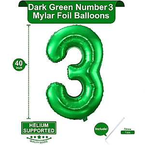Dark Green Number 3 Balloon,40 Inch Green 3 Balloon Number,Large Mylar Foil Helium Number 3 Balloons for Birthday Party Celebration Decorations Graduations Anniversary