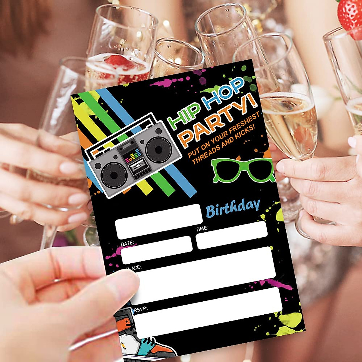 Haizct Put On Your Freshest Threads and Kicks Hip Hop Party Invitations Cards with Envelopes (15 Count) for Adult Teens, Funny Retro Birthday Party Music Dancing Party Invites
