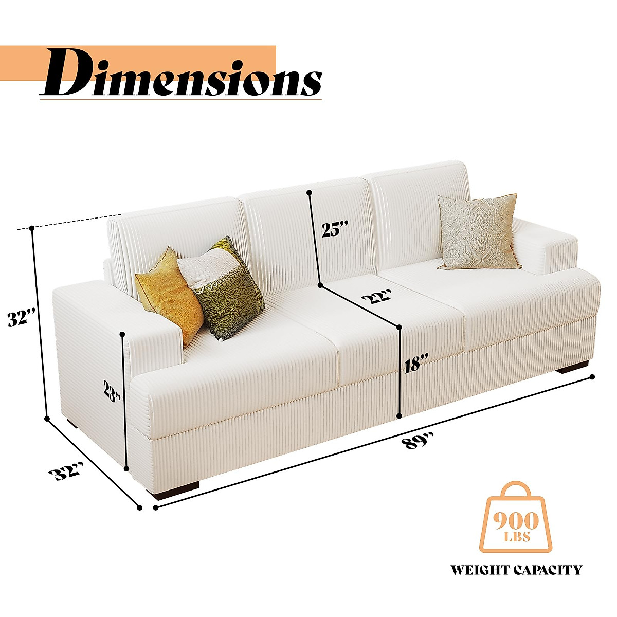 AMERLIFE 89in Couch, Comfy Sofa with Wood Legs, 3 Seater Modern Sofa- Deep Seat Couches for Living Room (Corduroy, White)