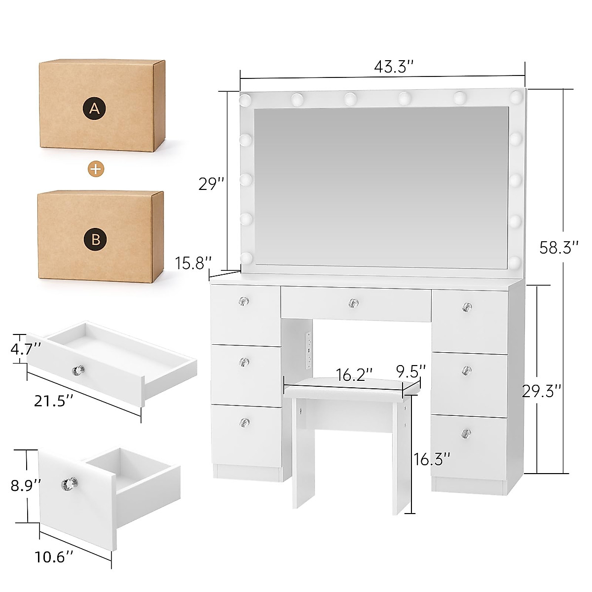 VOWNER Vanity with Lighted Mirror - Makeup Vanity Desk with Power Outlet and 7 Drawers, 3 Color Lighting Modes Adjustable Brightness, 44" Vanity Table with Soft Cushioned Stool for Women Girls, White