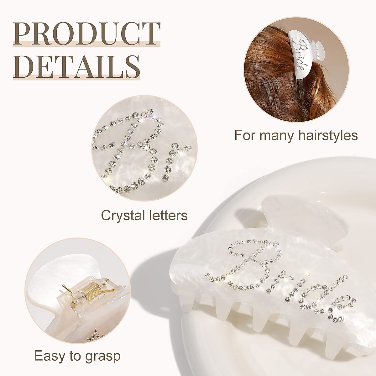 Bride Claw Hair Clip, Aileam White Acrylic Hair Clip Banana Barrettes, Rhinestone Bride Logo, Bachelorette Party Decorations Bridesmaid Gift Shower Wedding