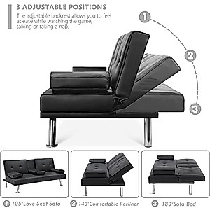 Majnesvon Modern Leather Futon Sofa Bed,Convertible Folding Couch Recliner,Sleeper Loveseat for Small Space,Apartment Office Dorms,with Cup Holders and Removable Armrest (Black)