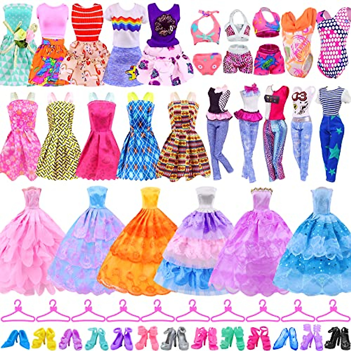 Ecore Fun 41 Pcs Doll Clothes and Accessories, 5 Wedding Gowns 5 Fashion Skirts 5 Mini Dresses 3 Fashion Clothes 3 Bikini Swimsuits 10 Hangers 10 Shoes Perfect for 11.5 Inch Dolls