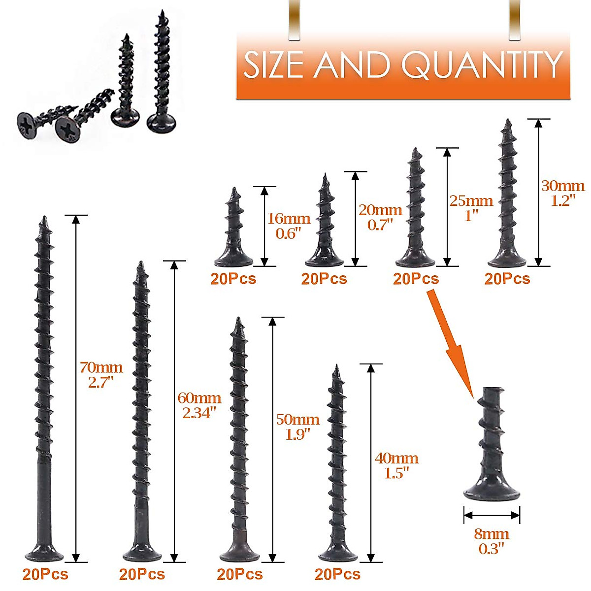 Rustark 160-Pcs #7 Coarse Thread Drywall Screw with Phillips Drive Black Oxide Finsh Bugle Head Wood Screws Assortment Kit Ideal for Drywall Sheetrock