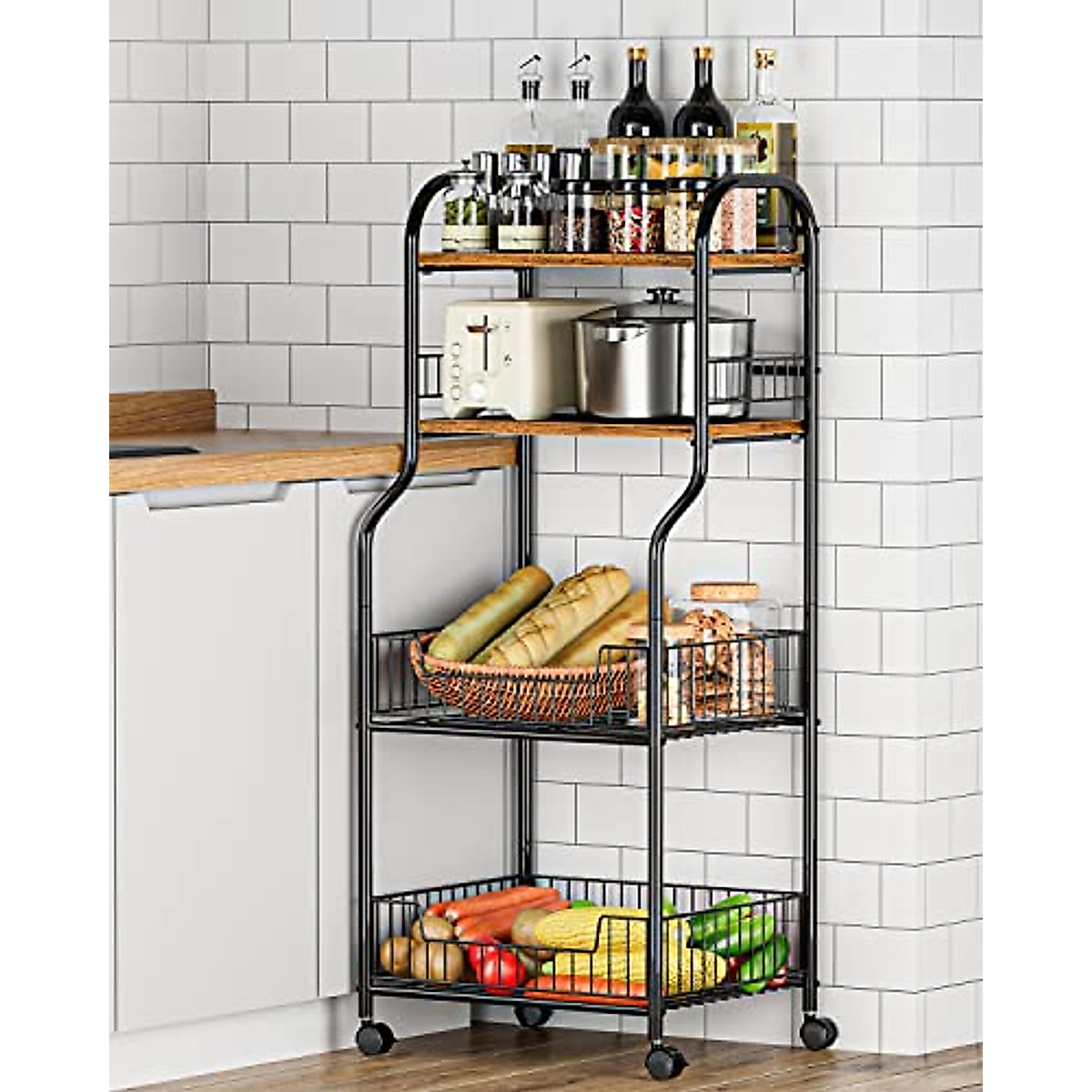 EKNITEY Kitchen Rolling Utility Cart - 4 Tier Baker's Rack for Spices Fruits Vegetables Snacks Pots and Pans