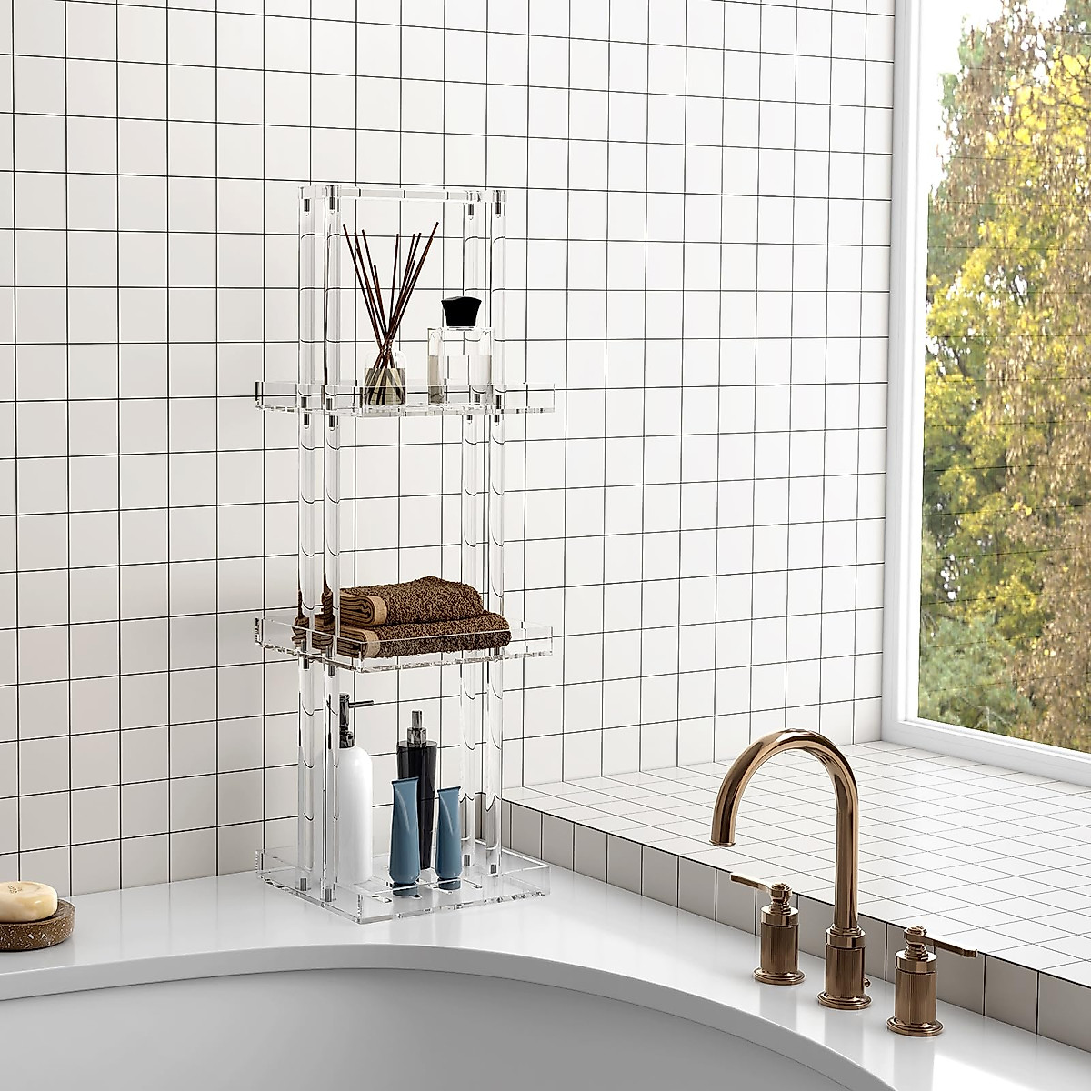 Aquiver Acrylic Standing Shower Caddy - 3 Tier Shower Organizer Stand with Handle - Corner Shower Caddy for Inside Bathroom, Bathtub, 11'' L x 10'' W x 34.6'' H, Clear