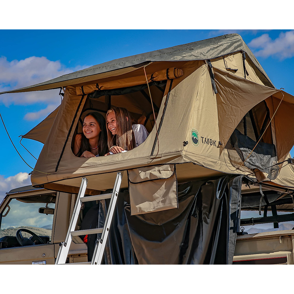 Overland Vehicle Systems TMBK 3 Person Roof Top Tent with Rain Fly Tan Body & Green Rainfly - Black Aluminum Base with Black Ladder - Universal Fitment