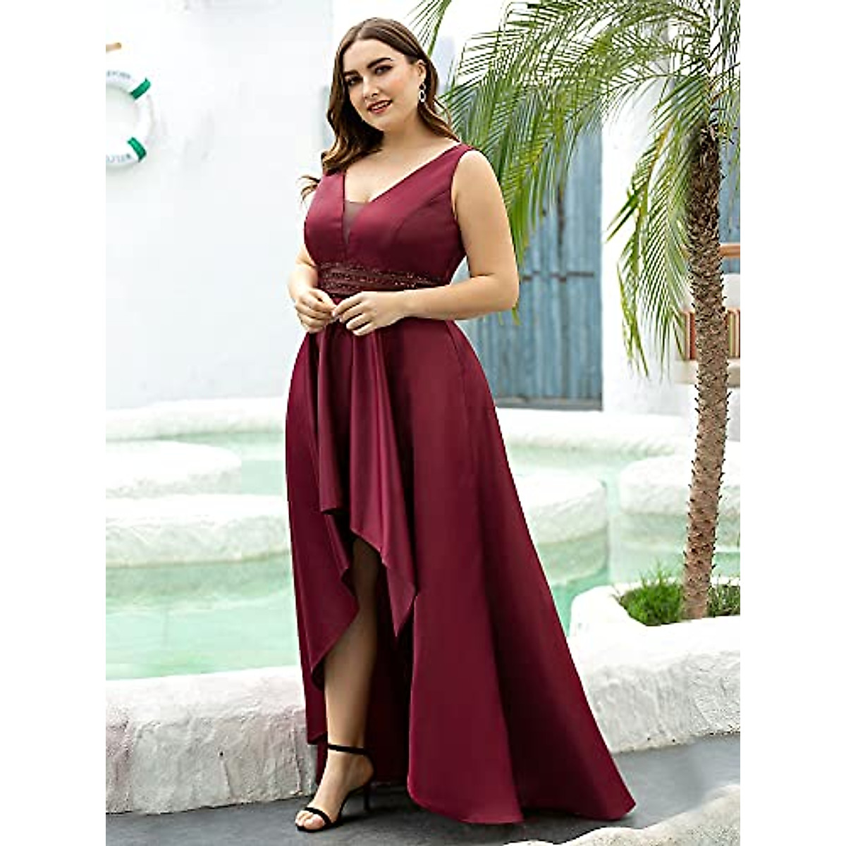 Ever-Pretty Women's V-Neck High Low Gown Cocktail Plus Size Evening Gowns Formal Dress Burgundy US20