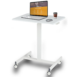 NEWBULIG Mobile Laptop Overbed Table Adjustable Height Small Rolling Sit Stand Desk, Teacher Podium with Wheels, 19" D x 25.7" W, White