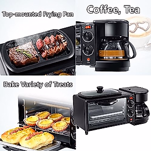 Multifunction Breakfast Station 3 In 1 Toaster Mini Oven With Coffee Maker With Glass Lid & Griddle For Home Breakfast Bread Pizza Egg Coffee Cooking