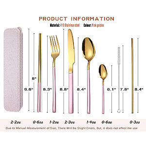 AARAINBOW 7 Pieces Stainless Steel Flatware Set Portable Reusable Cutlery Set Travel Utensils Set Including Chopsticks Knife Fork Spoon Straws Cleaning Brush Dishwasher Safe (Pink Golden)