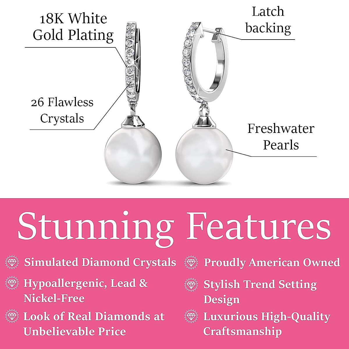 Cate & Chloe Daphne 18k White Gold Plated Dangle Pearl Earrings | Silver Hoop Pearl Earrings for Women | Drop Dangle Earring Set with Crystals, Fashion Jewelry for Women, Gift for Her