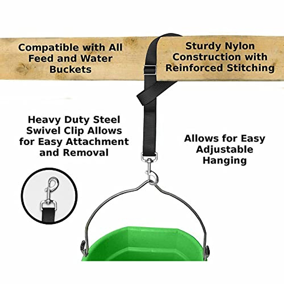 Rosemarie Horse Bucket Strap Hangers,Horse Suppliers Adjustable Nylon Straps up to 700 lbs for Hay Nets, Water Buckets,Barn Hanging-Pratical and Easy Use (2 Pack) (Black)