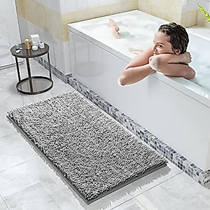 Yimobra Chenille Bathroom Rug, Extra Soft Shaggy Bath Rugs, Non-Slip Bathroom Floor Mat, Water Absorbent, Thick Durable, Machine Washable, Plush Microfiber Rugs for Shower Bathtubs, 24x17, Grey