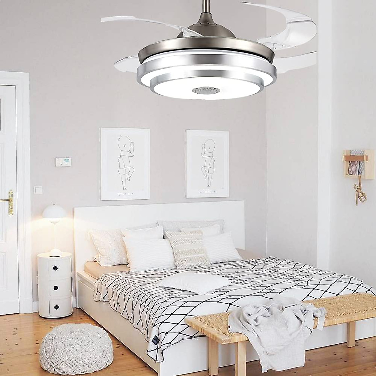 FINE MAKER 42 Inch Retractable Ceiling Fan Light, 3 Color Changeable LED Bluetooth Music Player 3-Speed Silent Motor Chandelier Ceiling Fan for Living/Dinning Room