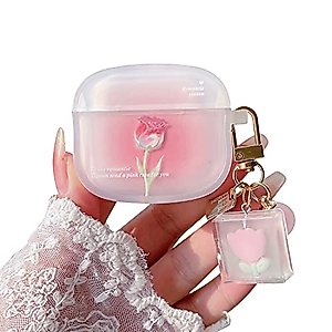 PHOEACC Cute Airpod Gen 3 Case (NOT Fit Airpod Pro) Romantic Rose Flower with Keychain Clear Frosted Protective Cover Compatible with AirPods 3rd Generation Case for Girls Women (Rose Pink)