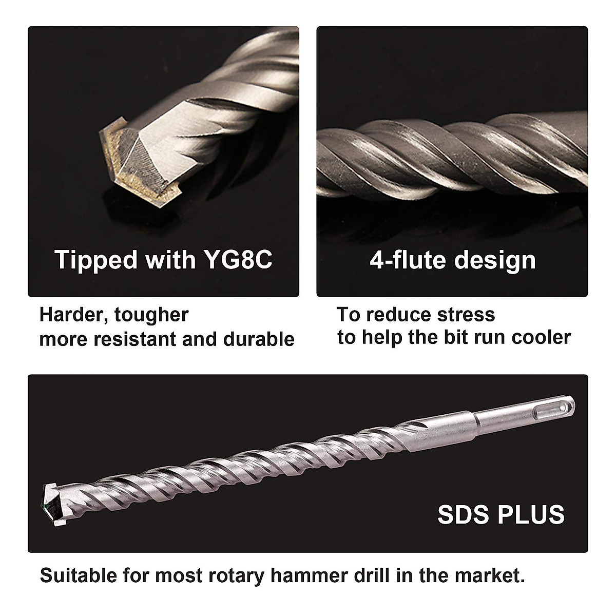 Rotary Hammer Drill Bits Set SDS Plus Bits Set Masonry Chisel Set 17pcs Drills for Impact Rotary Hammer Carbide-Tipped 4 Flutes Drill Bit for Bricks, Blocks, Stone with Storage Case