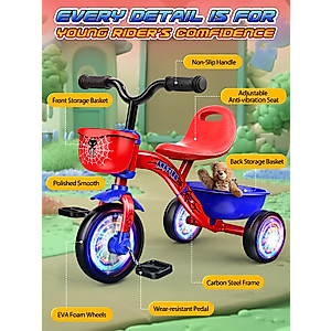 Tricycle for Toddlers 1-3 3-5 Year Olds, Spidern Toddler Bike Baby Balance Bike with Colorful Lighting Wheels & Large Basket, Birthday Gift and Toy for 1 2 3 4 5 Year Olds Boys and Girls