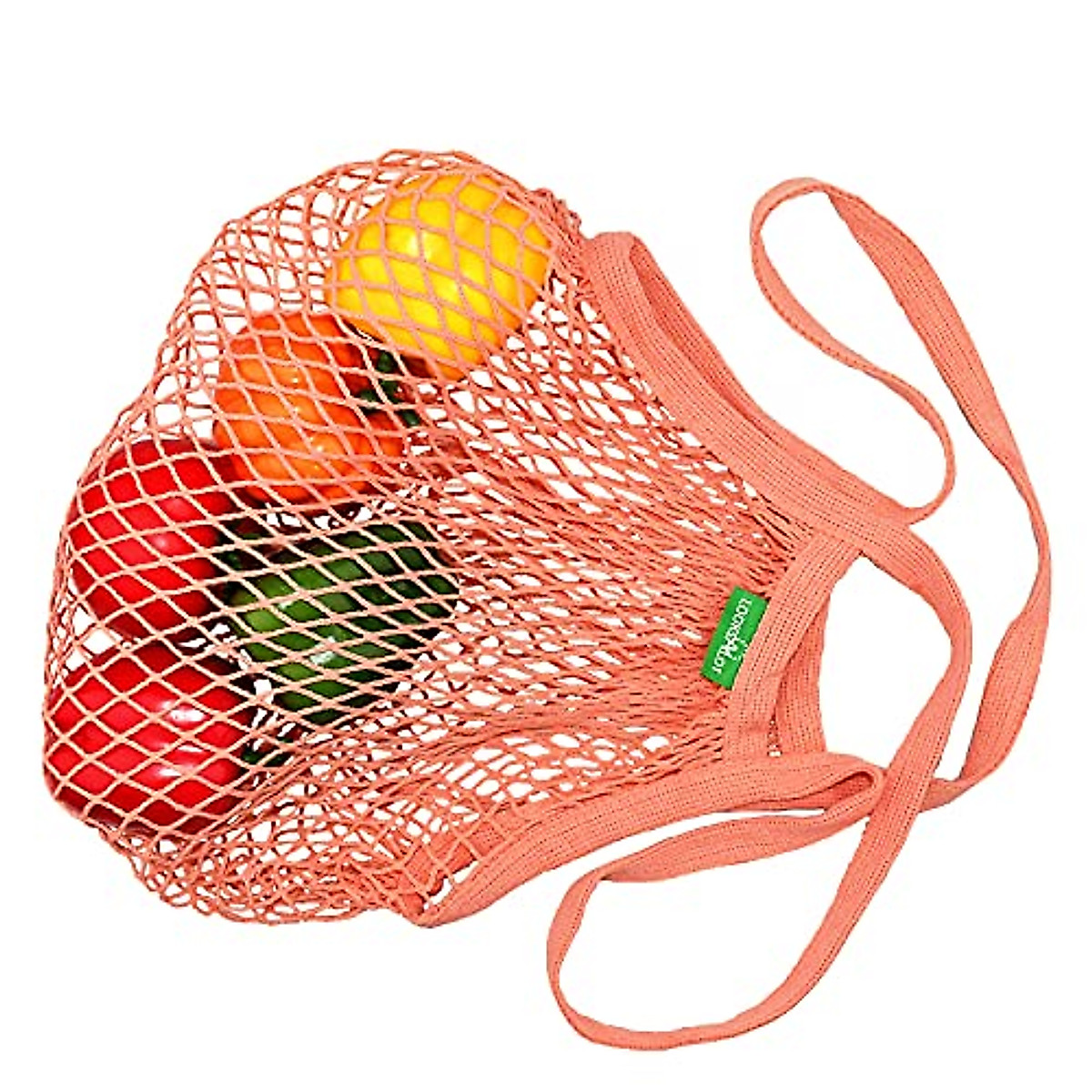 [4 Pack] Premium Mesh Grocery Bags, Reusable Produce Bags, Long Handle Net Tote Bags, 100% Cotton String Bags, Fruit and Vegetable Bags, 4 colors (Portable/Washable/Durable)