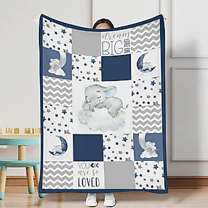 HawSkgFub Sleeping Elephant Star Baby Blanket Boys Gift Navy Blue, Dream Big Little One You Are So Loved Patchwork Flannel Fleece Nursery Bed Blankets, Soft Newborn Infant Toddler Crib Bedding 30 x 40