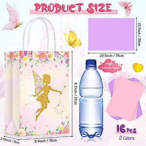 16 Pieces Floral Fairy Gift Bags with Tissue Paper Pink and Purple Floral Fairy Goodie Gift Treat Bags Spring Themed Bags Butterfly Baby Girl Paper Bags for Girl Kid Birthday Baby Shower Party