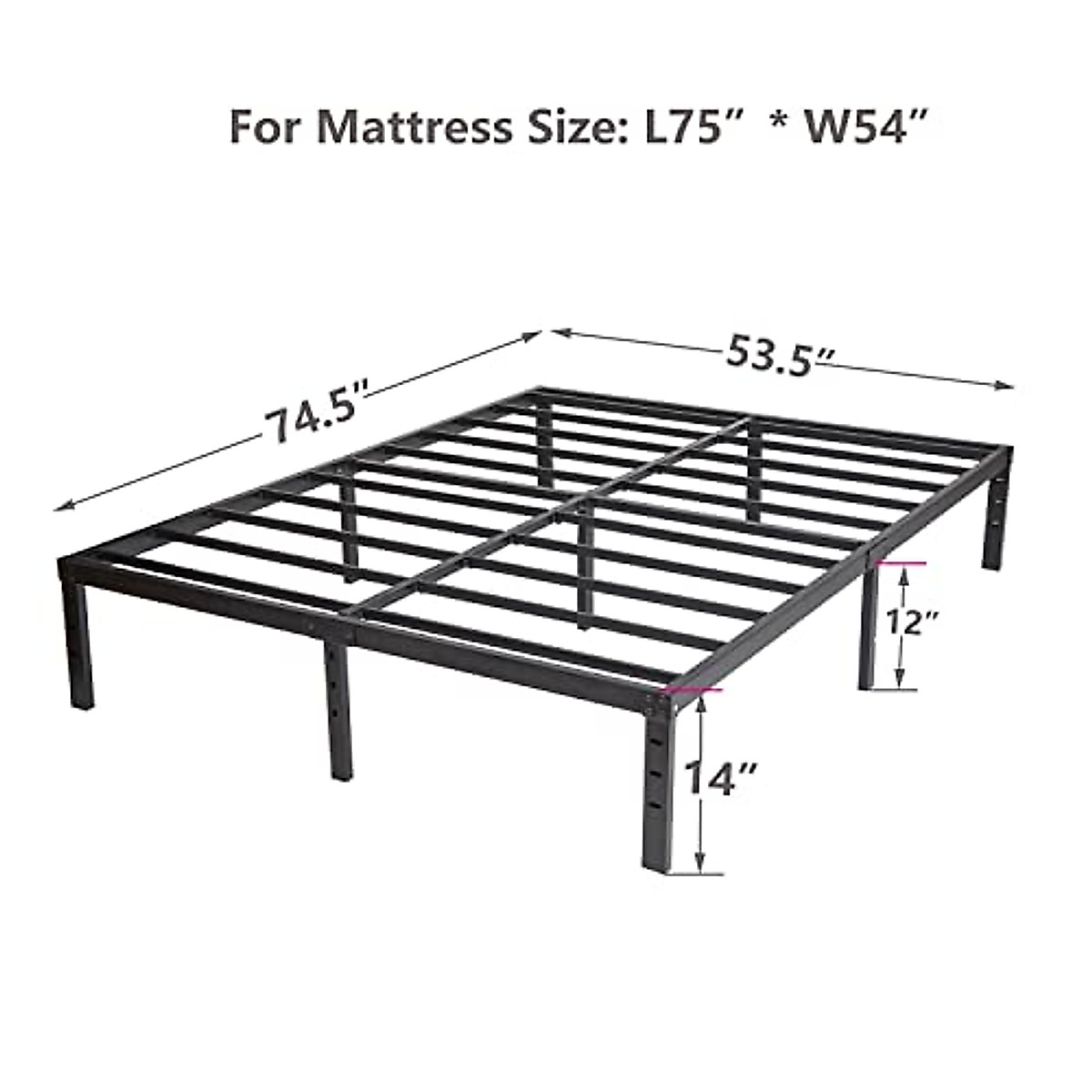 QUALEONA Full Bed Frame, 14 Inches Platform Bed Frame, 3500lbs Heavy Duty Steel Slat Anti-Slip Support, No Box Spring Needed, Noise Free, Easy Quick Assembly, Underbed Storage Space, Black