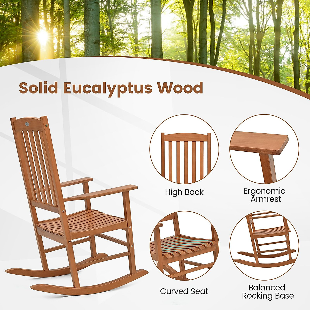Tangkula Patio Rocking Chair with 400 lbs Weight Capacity, Eucalyptus Wood Porch Rocker with High Back, Patio Rocker Chair for Indoor and Outdoor Use (1)