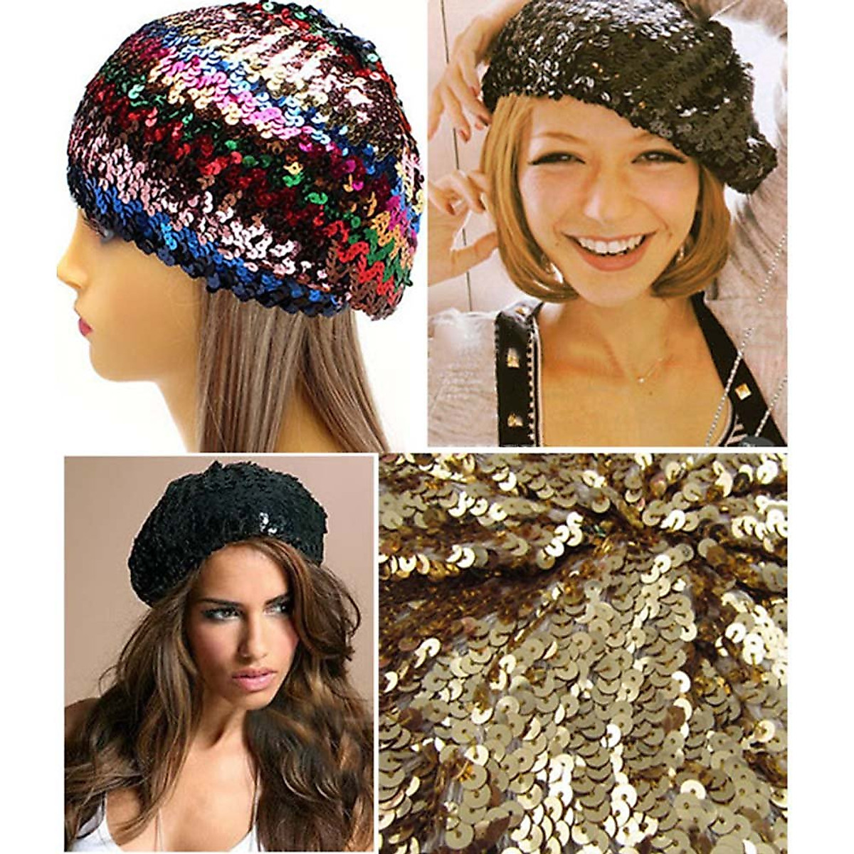 CHUANGLI Sparkly Sequins Beret Hat Glitter Mermaid Cap for Dancing Party Fancy Dress Black