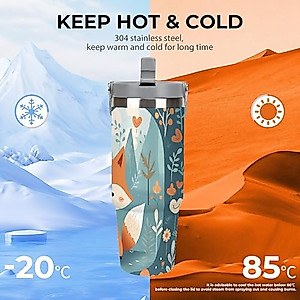 Fox And Heart 30oz Stainless Steel Insulated Tumbler with Straw & Foldable Handle - Leakproof, Double-Wall Vacuum Travel Thermos for Hot/Cold Drinks, Non-Slip Base, Fit Cup Holders