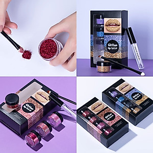 LOKFAR 4 Colors Glitter Lip Kit, Shiny Diamond and Metallic Lip Glitter Makeup Lipstick Lip Gloss Glitter Lipstick, Waterproof & Long Lasting Lip makeup Powder Set for Lips Nails Art(Set A Warm Color)