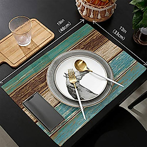 Vandarllin Placemats Set of 6, Retro Rustic Wood Texture Polyester Stain Resistant Table Mats Washable Placemat Decoration for Kitchen Dining Table Teal Green Brown