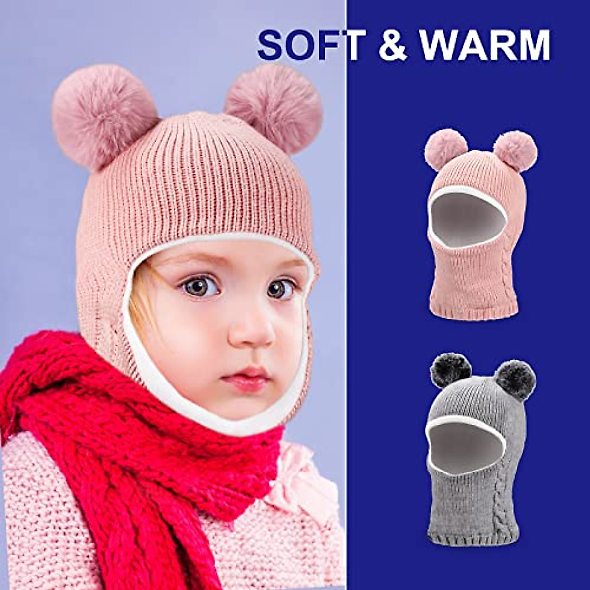 Bencailor Baby Winter Hat Scarf Set Toddler Kids Fleece Lining Beanie Snow Unisex Hood Infant Toddler Kids Hat Scarf for Girls Boys(Pink, Gray,2 Pieces)